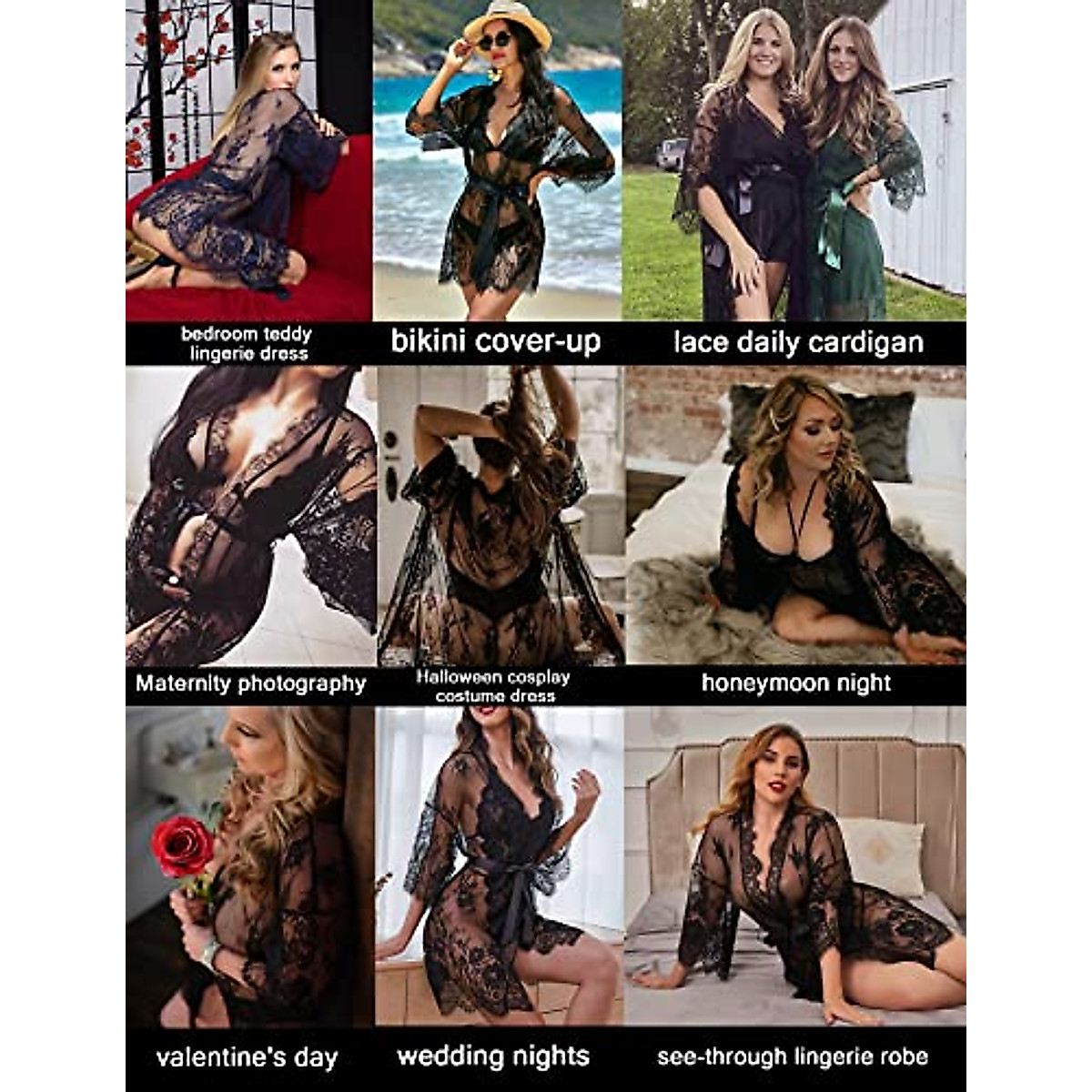 Avidlove lingerie robe Women's Lace Kimono Robe Babydoll Lingerie Mesh Nightgown Black M
