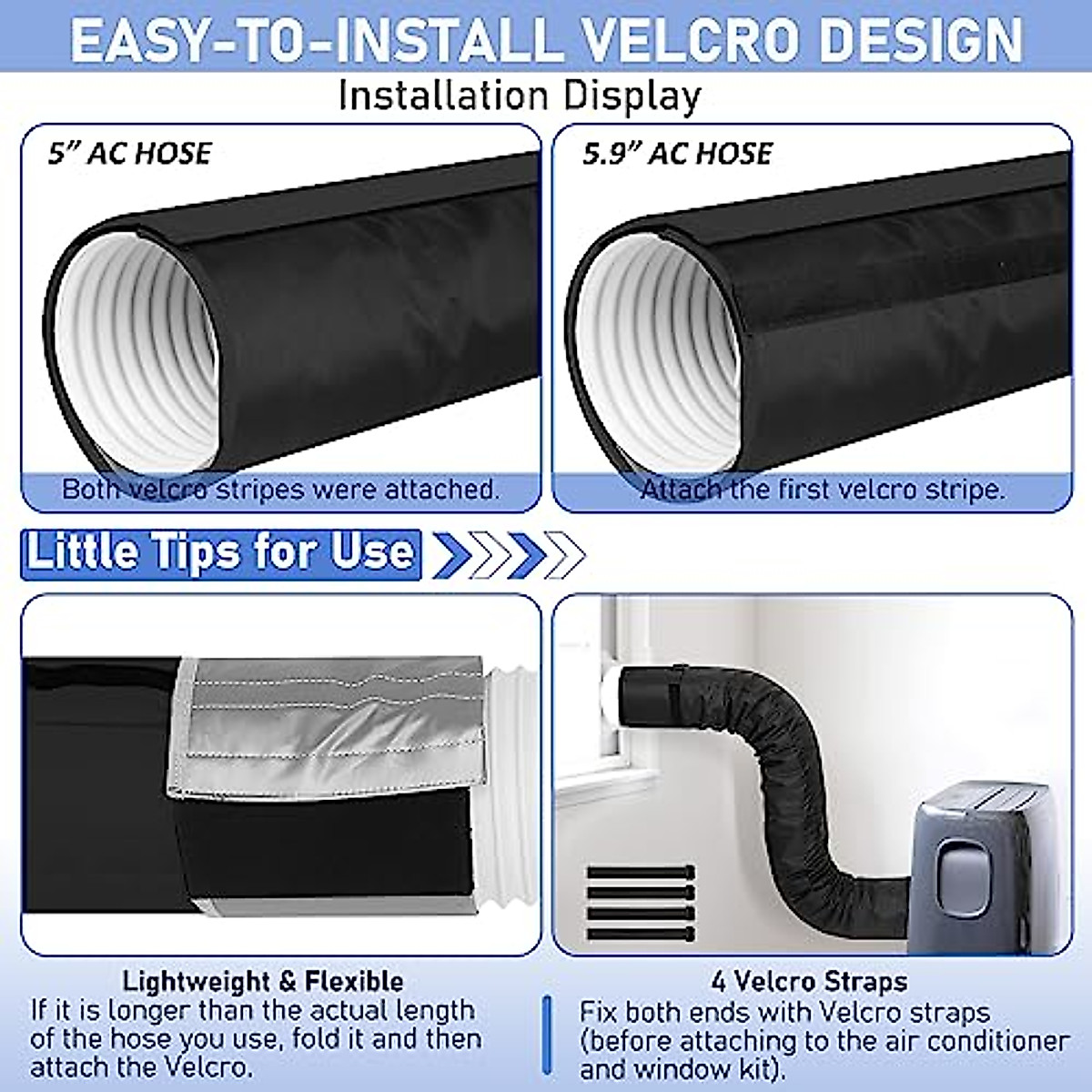 Angooni Portable ac Hose Cover - 59” Flexible and Thick Air Conditioner Hose Cover Wrap with No Leaks, Portable ac Hose Insulation for Hoses Between 5" and 5.9" in Diameter, Black