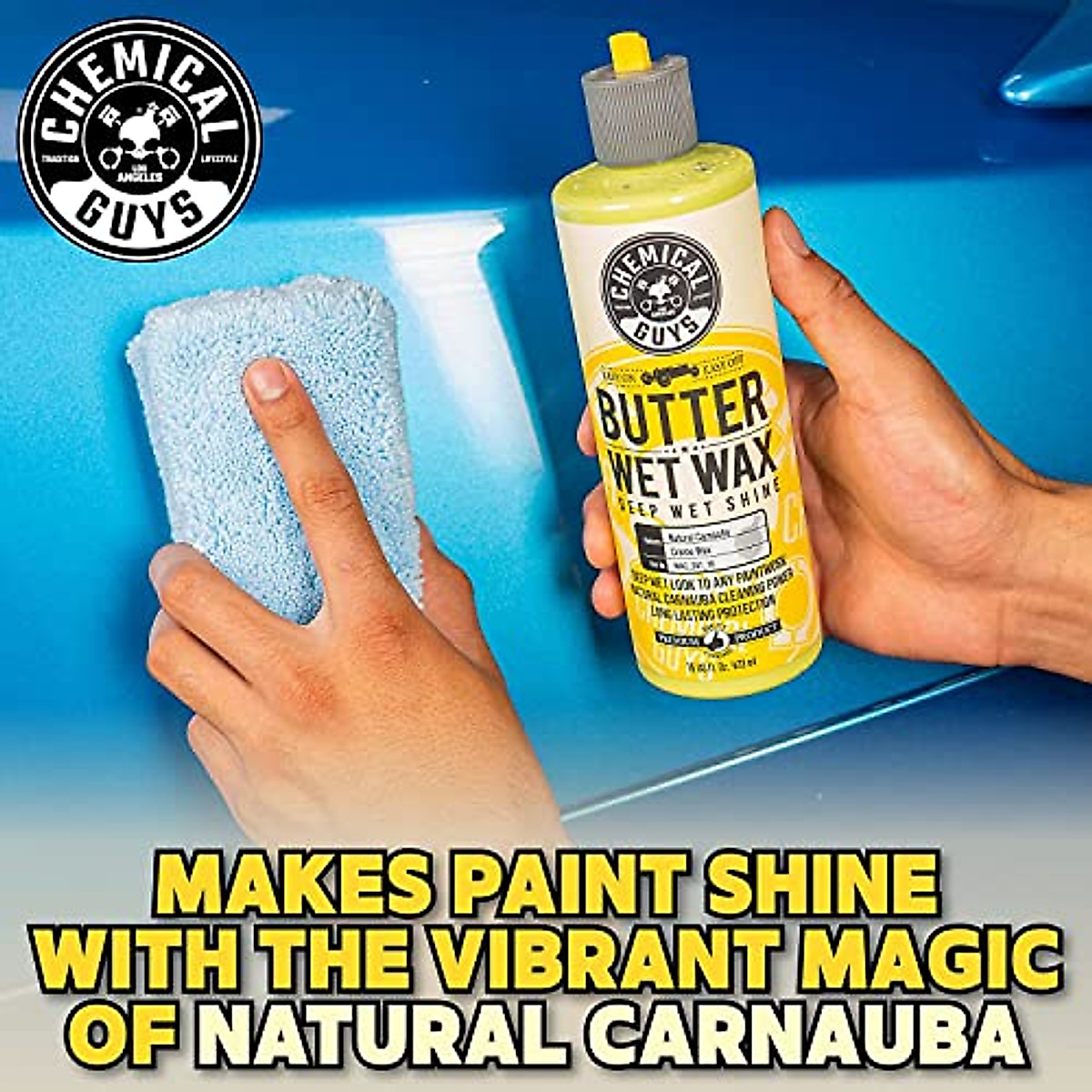 Chemical Guys WAC_201_16 Butter Wet Wax (16 fl oz) Banana Scent, and MIC_292_08 Premium Grade Microfiber Applicator, Blue (Pack of 8)