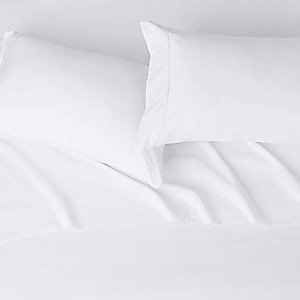 Amazon Basics Light-Weight Microfiber Duvet Cover Set W/Snap Buttons -Full/Queen, Bright White & Lightweight Super Soft Easy Care Microfiber Sheet Set with 16 inch Deep Pockets - Queen, Bright White