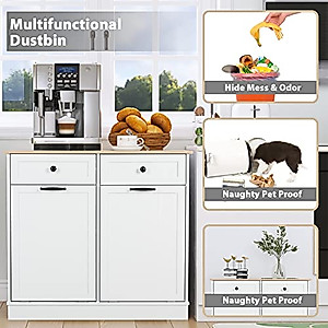okcomuy Tilt Out Trash Bin Cabinet Free Standing Recycling Cabinet with Drawers, Dog Proof Trash Can Holder 20 Gallon Kitchen Wooden Trash Can with Storage