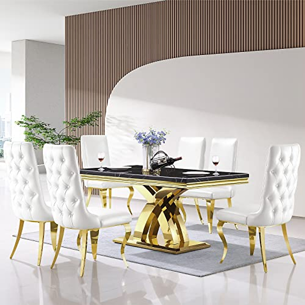 AZhome Dining Chairs, White Faux Leather Upholstered Dining Room Chairs in Button-Tufted Back, Dining Chairs with Gold Legs for Kitchen Dining Room, Set of 2