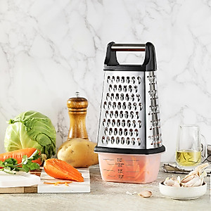 Cheese Grater, Little Cook Stainless Steel 4-Sided Box Grater, Detachable 3 Cup Storage Container and Measurement Markings Graters With Handle for Kitchen, Dishwasher Safe (Black)