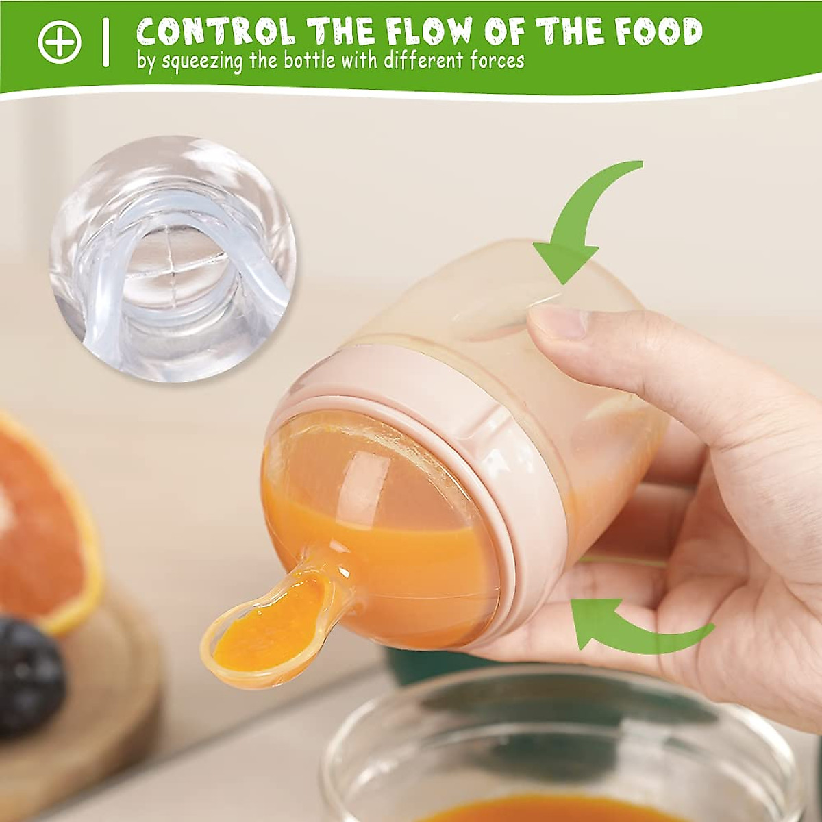 haakaa Gen.3 Silicone Feeding Spoon Bottle Peach (5oz./160ml) - Silicone Food Dispensing Spoon with Dust-Proof Cap, Homemade Food Squeeze Feeder Spoon for 6M+