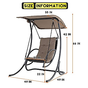 Hammock Chair Hanging Chair Swing Chair Patio Porch Swing with Stand Canopy & Cushion for Indoor/Outdoor Garden Balcony Backyard Outside G Brown