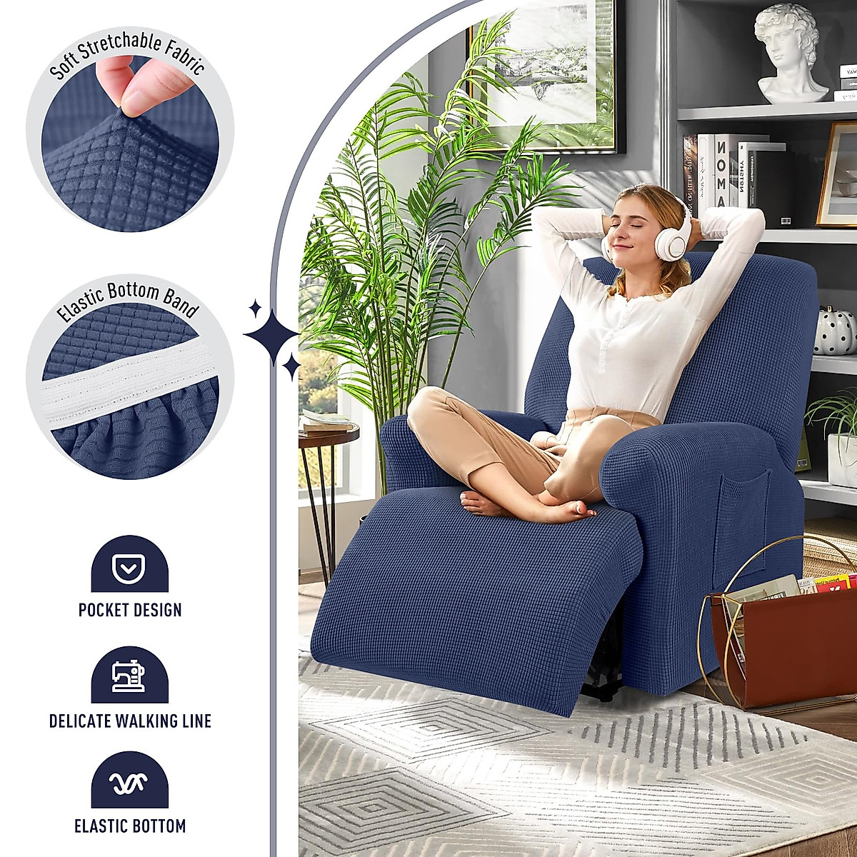 TAOCOCO Recliner Cover 4-Pieces, Recliner Stretch Sofa Slipcover, Recliner Cover 1 Seater, Couch Protector Soft, Furniture Protector Covers with Elastic,Chair Covers Jacquard Pattern (Navy Blue)