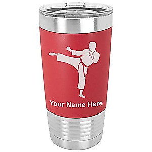 LaserGram 20oz Vacuum Insulated Tumbler Mug, Karate Man, Personalized Engraving Included (Silicone Grip, Red)