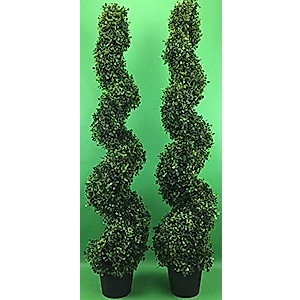Two 4 Foot Outdoor Artificial Boxwood Spiral Topiary Trees UV Rated Plants