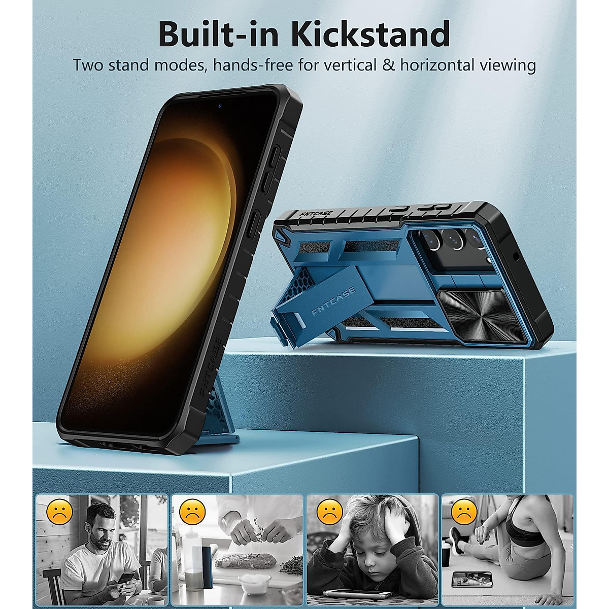 FNTCASE for Samsung Galaxy S23 Case: Military Grade Drop Protection Rugged Protective S23 5G Cell Phone Cover with Kickstand & Slide | Shockproof TPU Matte Textured Sturdy Bumper Cases 6.1'' - Blue