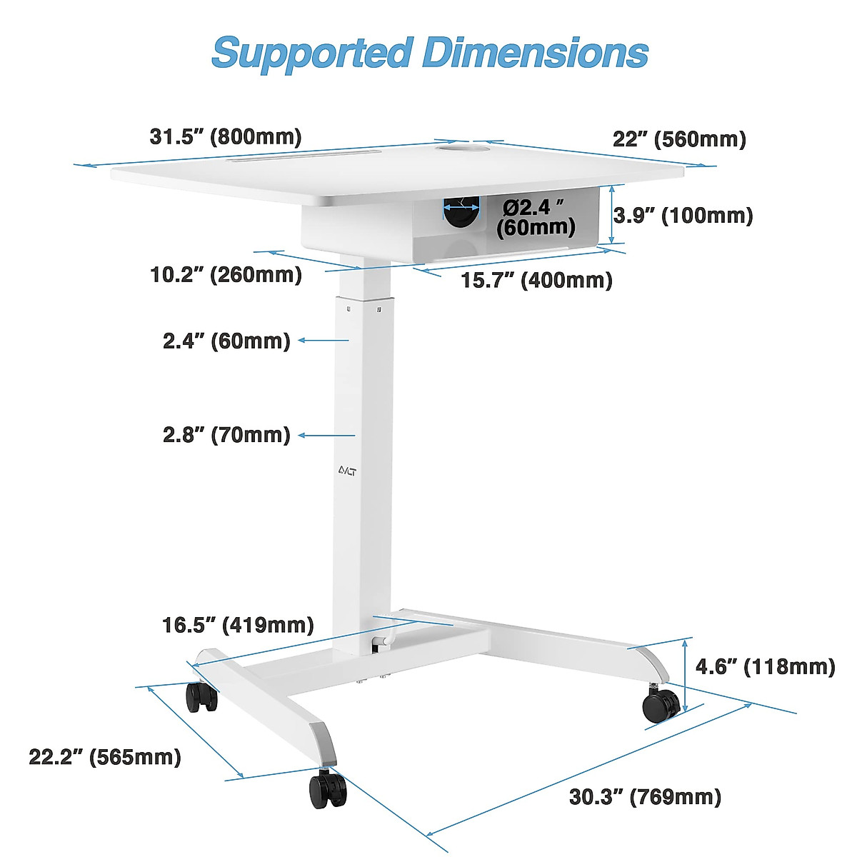 AVLT 44" Height Adjustable Foot Pedal Rolling Desk with Shelf (3 ft 8 inches) - Pneumatic Laptop Standing Desk Cart - Mobile Laptop Cart - White Computer Projector Cart with Brake Casters