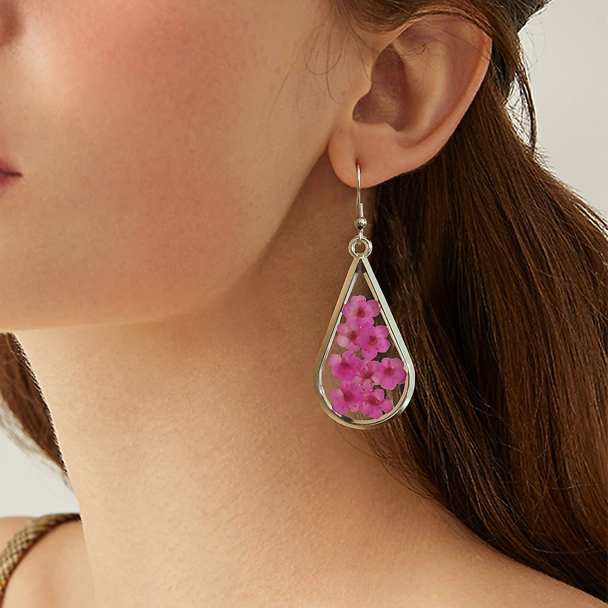 BaubleStar Pressed Dry Flower Hot Pink Teardrop Earrings Natural Dried Flowers Drop Dangle Silver Fashion Jewelry for Women