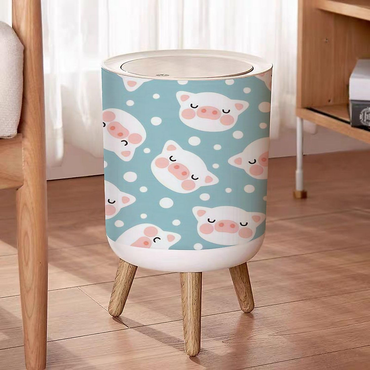 Small Trash Can with Lid for Bathroom Kitchen Office Diaper cute white happy face scandinavian a pastel blue Kids animals kawaii Bedroom Garbage Trash Bin Dog Proof Waste Basket Cute Decorative