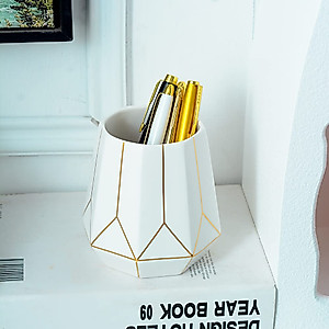 YOSCO Ceramic Desk Cute Pen Holder Stand Gold Line Pencil Cup Pot Desk Organizer Makeup Brush Holder (B-Dark Green)