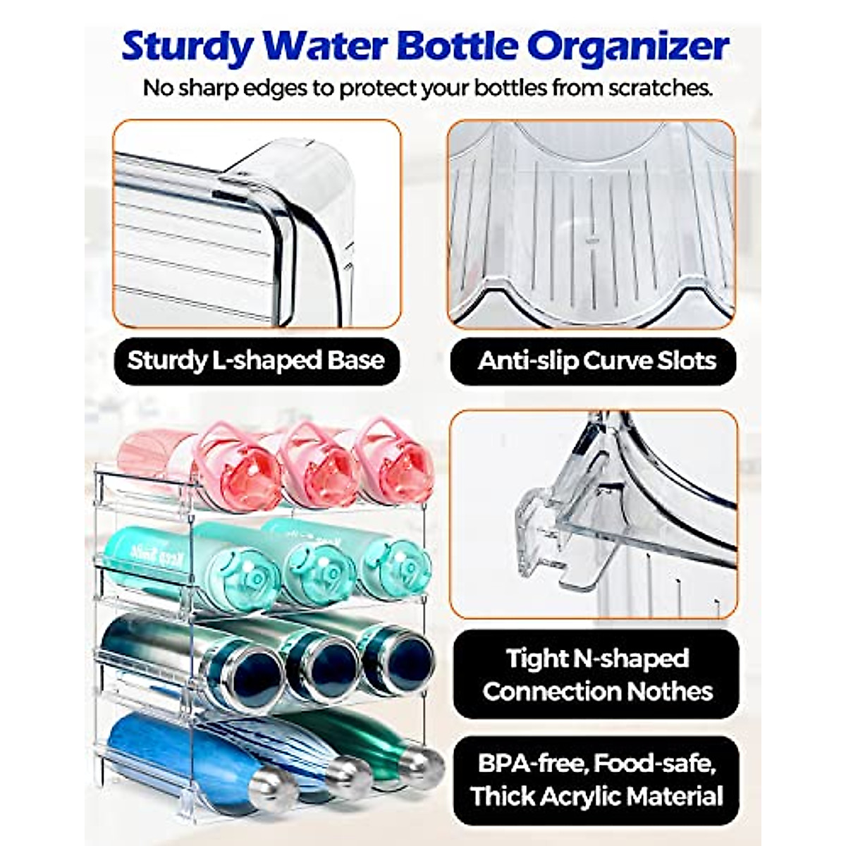 Water Bottle Organizer for Cabinet, Stackable Water Bottle Holder for Kitchen Pantry Organization and Storage, Plastic Wine Rack, Drink Organizer for Fridge, Freezer -4 Packs, Hold 12 Bottles, Clear