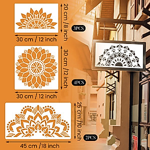 9 Pack Large Mandala Stencils for Painting Mandala Painting Templates Reusable Floral Mandala Drawing Stencils for Wall Floor Furniture Fabric Canvas Wood DIY Craft Art Supplies Home Decor
