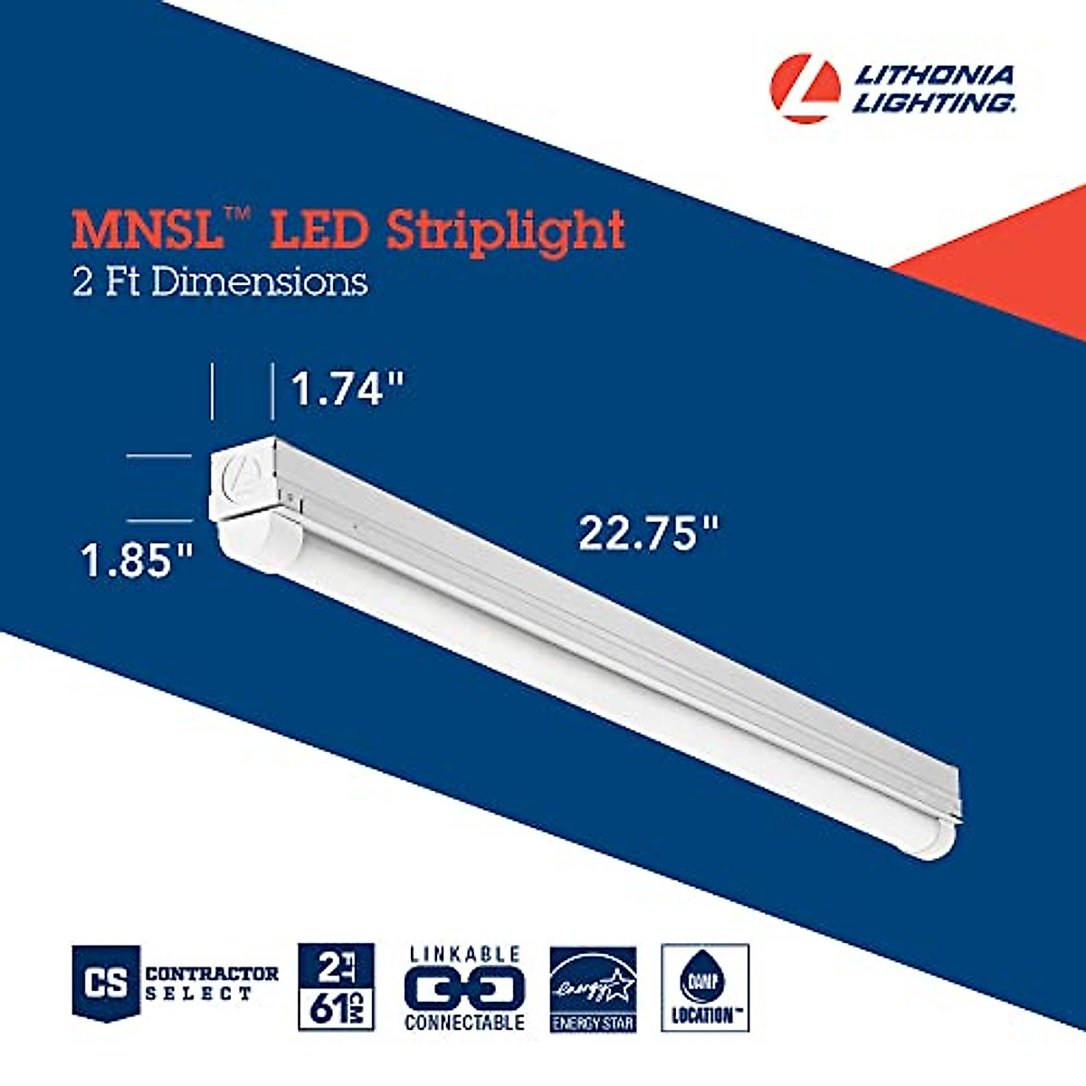 Lithonia Lighting MNSL L23 1LL 120V 40K 80CRI M6 White LED Strip Light, 120V, 2-Foot, 1-Light