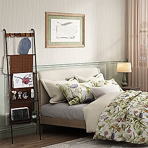 Blanket Ladder Black Farmhouse Leaning Towel Ladder Holder with 2 Metal Baskets 4 Tier Decorative Ladder Rack with 5 Removable Hooks for Living Room Bathroom Bedroom, Industrial Brown