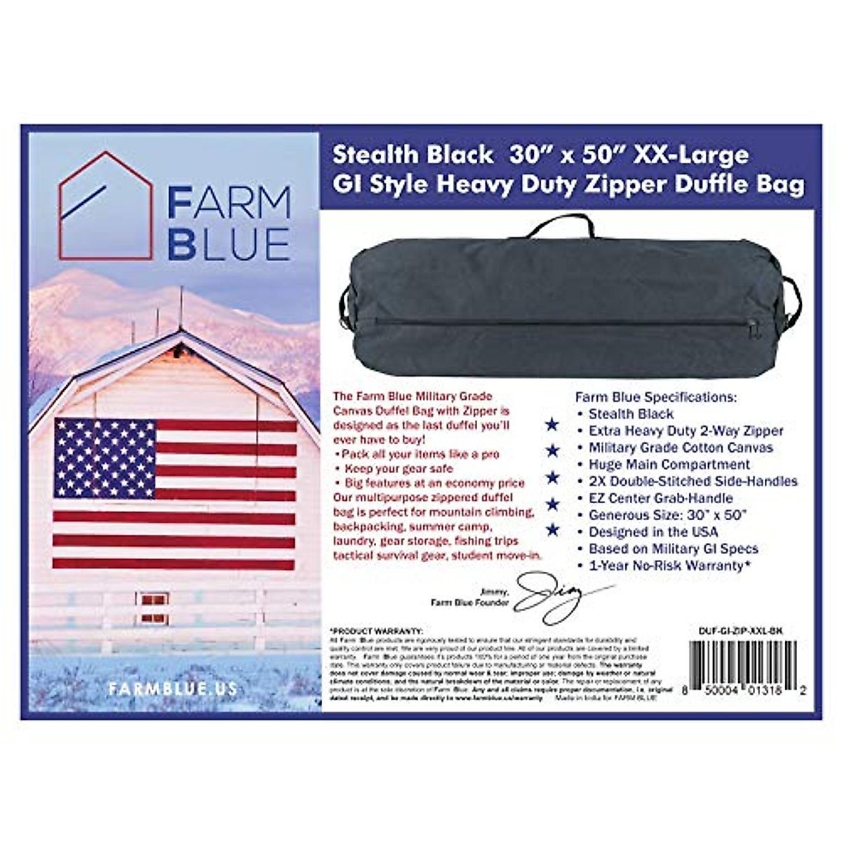 Farm Blue GI Style BLK Zipper Duffel Bag - 30"x 50" XX Large Heavy Duty Army Duffel Bags - Military Grade 18 OZ Canvas- Reinforced Camping Gear-Army Strong Zippers & 3 Grab Handles (Black, XX-Large)