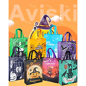 Aviski 8PCS Halloween Trick or Treat Bags, Halloween Tote Bags with Handles, Large Gift Bags, Multifunctional Non-Woven Halloween Bags for Gifts Wrapping, Halloween Party Supplies, 15×11.8×3.9“