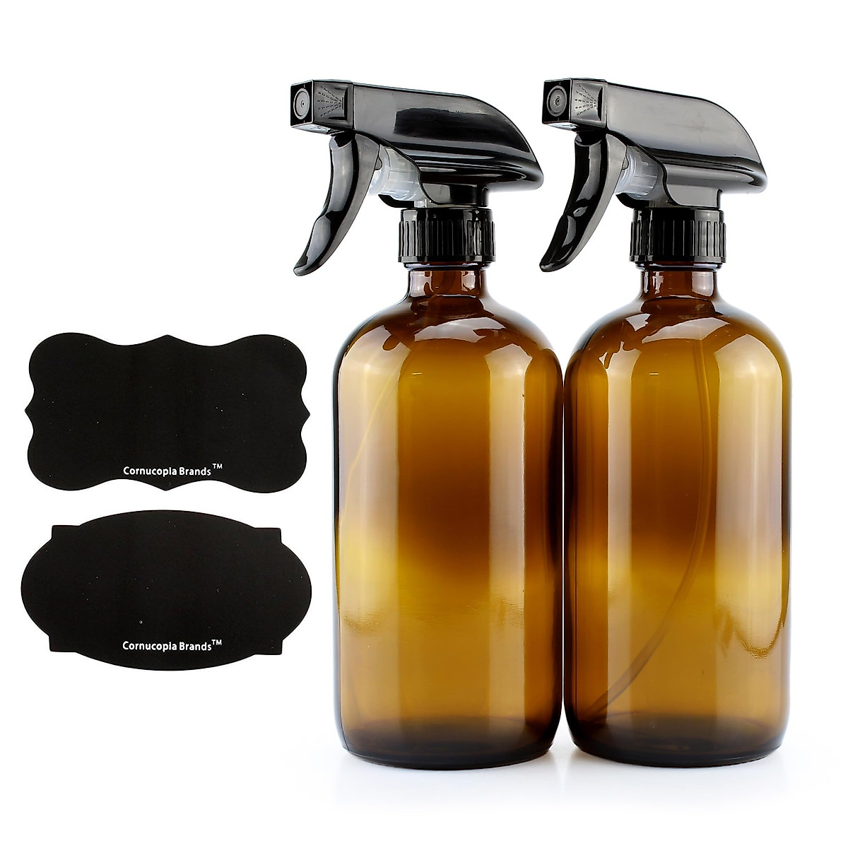 Cornucopia Brands 16oz Amber Glass Spray Bottles w/Reusable Chalk Labels (2 Pack), Heavy Duty Mist & Stream 3-Setting Sprayer; Great for Essential Oils