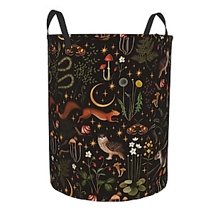 Moon Stars Squirrel Owl Mushroom Laundry Hamper with Durable Handle Waterproof Collapsible Laundry Basket Circular Storage Basket Dirty Clothes Organizer Bag for Bedroom Children Nursery Bathroom