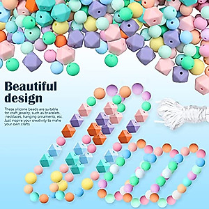 101 PCS Silicone Beads, Silicone Loose Beads for Keychain Making Round Rubber Beads Polygonal Silicone Beads Colorful Silicone Loose Pearl Beads with Rope for DIY Necklace Bracelet Jewelry Crafts