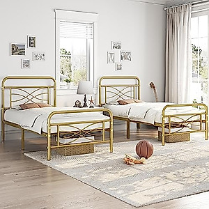 Topeakmart Twin Bed Frames Metal Bed with Vintage Style/Criss-Cross Design Headboard/Mattress Foundation/No Box Spring Needed/Under Bed Storage/Strong Slat Support Antique Gold Twin Bed