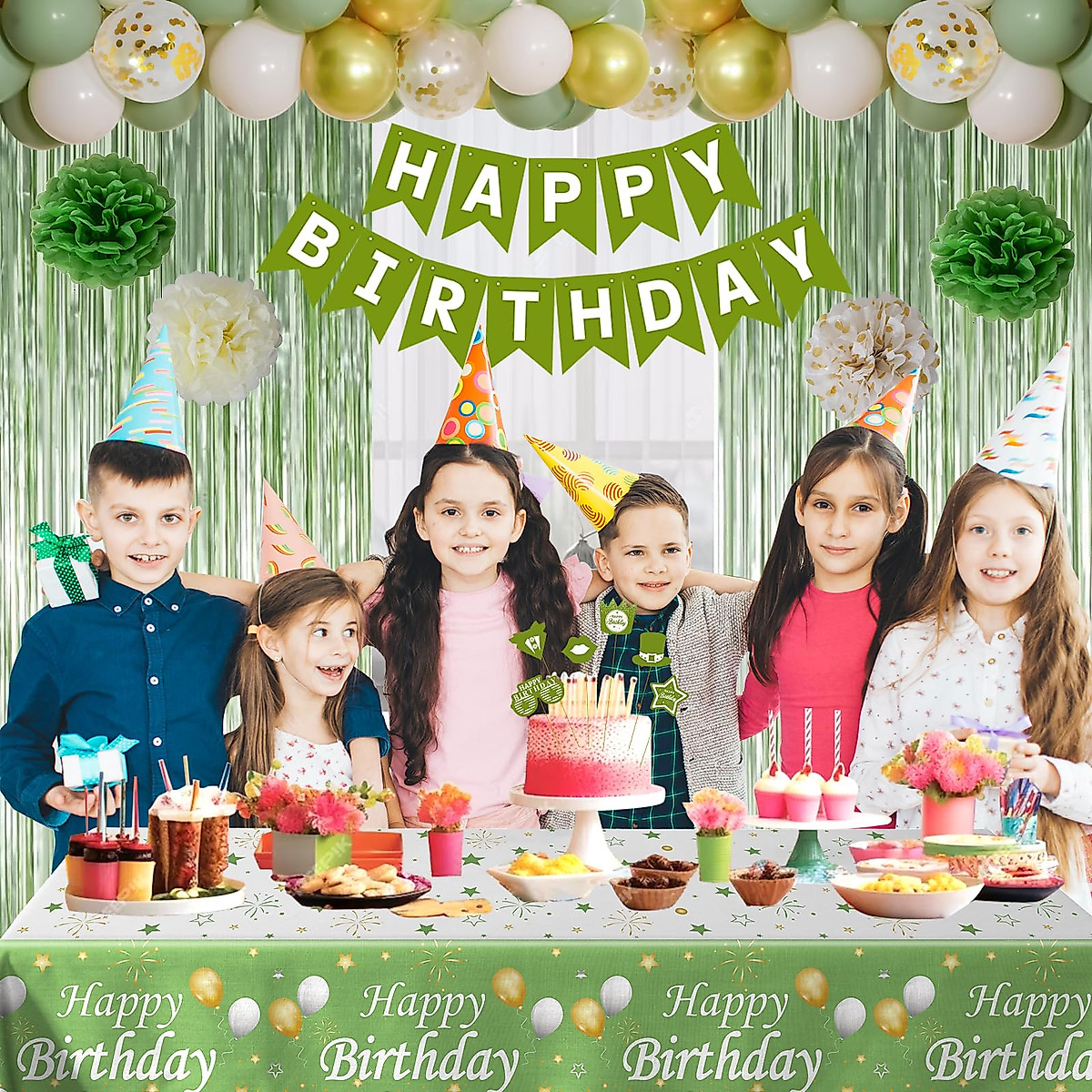 Sage Green Birthday Decorations for Women Girls, Olive Green Happy Birthday Party Decorations, Green Happy Birthday Banner Birthday Balloons Fringe Curtain Tablecolth Bday Party Supplies Gold White
