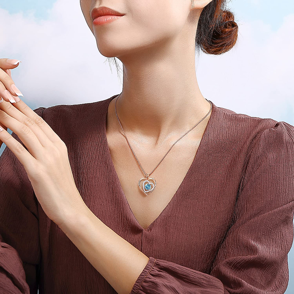 JD & P Rose Gold Double Heart Pendant Necklace for Women, March Cubic Zirconia Birthstone Jewelry Birthday Christmas Gift Ideals for Mom Mother Wife Daughter Grandma Girlfriend Her