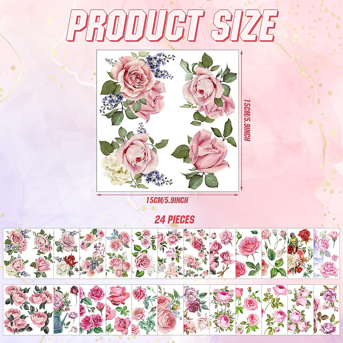 Glenmal 24 Sheets Sunflower Rub on Transfers for Crafts and Furniture Rub on Transfer Stickers Fall Thanksgiving Rub on Decals Floral for Wood DIY Craft Furniture, 5.9 x 5.9 Inch(Rose Style)