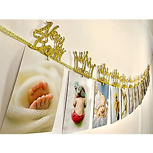 First Birthday Decorations, 1st Birthday Photo Banner for Newborn to 12Months, Gold “ONE” Birthday Banner and ONE Cake Topper for Birthday Party (Gold Glitter)