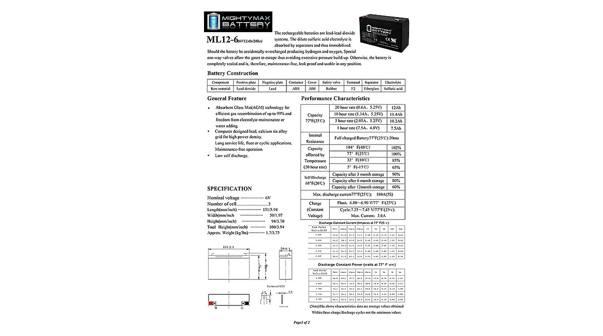Mighty Max ML12-6F2 - 6V 12AH Rechargeable Battery
