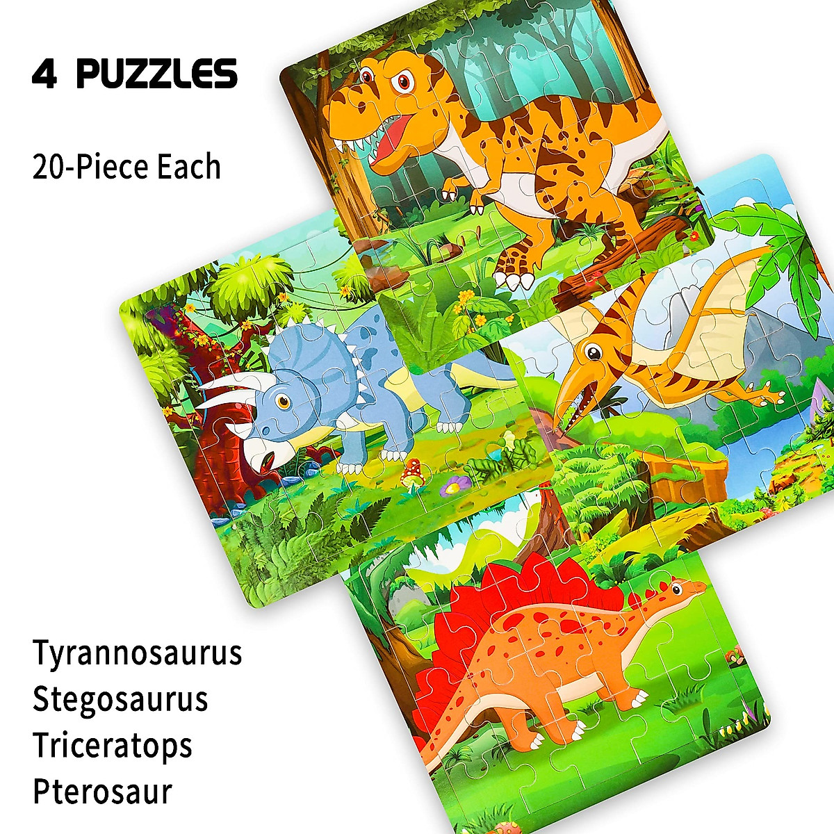 Max Fun Puzzles for Kids Ages 3-5, 20 Pieces Wooden Puzzles Dinosaur Puzzles for Toddlers Children Learning Educational Puzzles Boys and Girls Toys for 3+ Year Old (4 Puzzles)