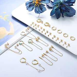 BESTEEL 27PCS 14K Gold Plated Huggie Hoop Stud Earrings Set for Women,Fashion Hypoallergenic Small Dainty Dangle Chain Earrings for Multiple Piercing, Stainless Steel, Cubic Zirconia