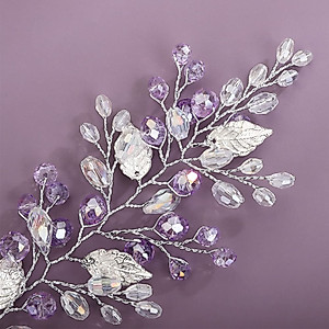 Teyglen Bridal Wedding Hair Vine Headband Silver Crystal Leaf Hair Pieces Handmade Blue Red Green Rhinestone Headpiece Hair Accessories for Women Bride Girls (Light Purple)