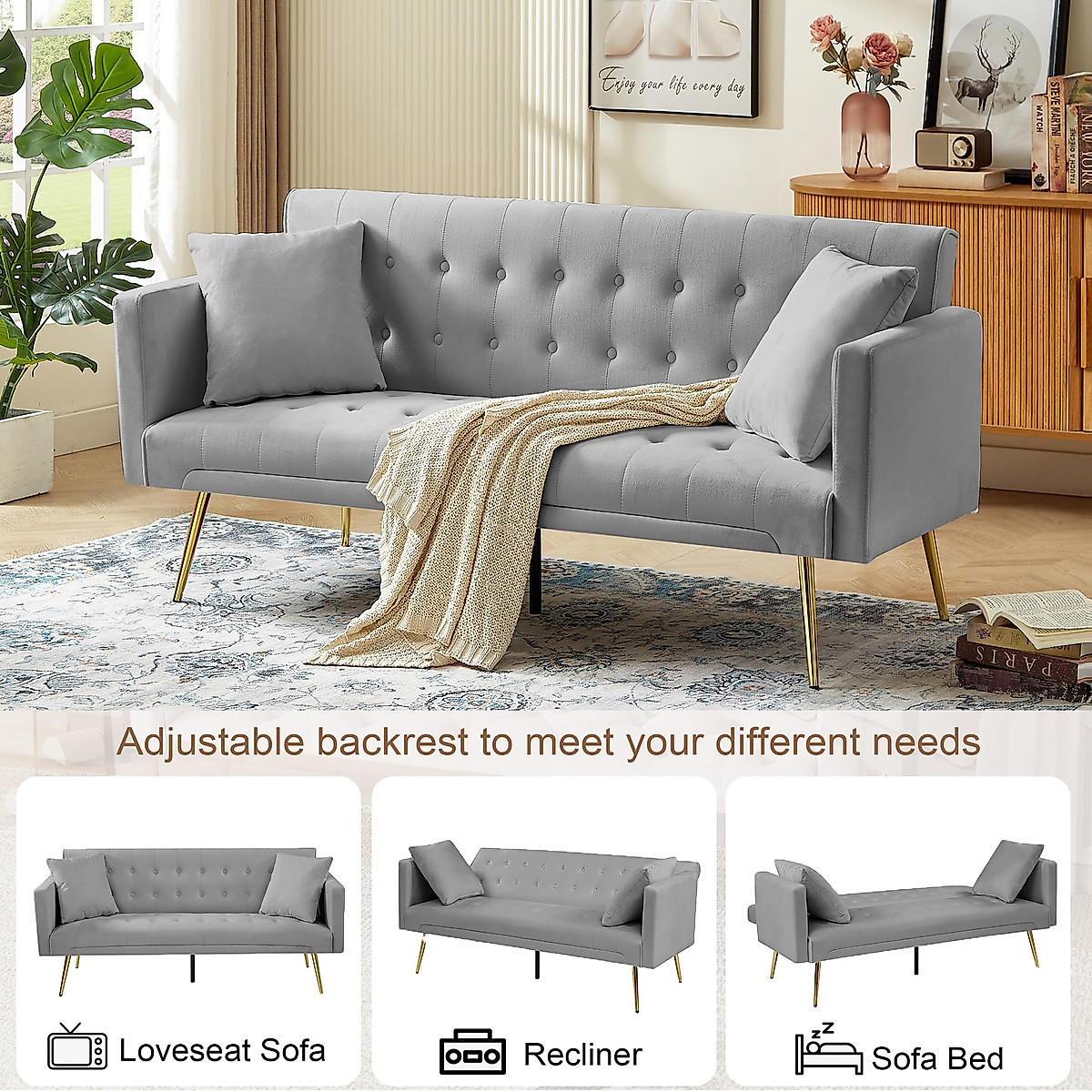 Anwick Modern Velvet Futon Sofa Bed: 72" Satin Convertible 2 Pillows Tufted Back Golden Metal Legs Folding Sleeper Loveseat for Small Space Home Office Living Room (Grey)