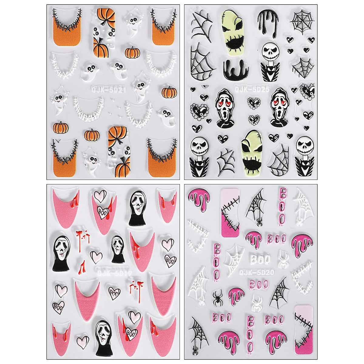 JMEOWIO 3D Embossed Halloween Nail Art Stickers Decals Self-Adhesive Pegatinas Uñas 5D Ghost Pumpkin Spook Nail Supplies Nail Art Design Decoration Accessories 4 Sheets