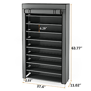 Tribesigns 10 Tier Shoes Rack with Cover, Shoes Racks Organizer for Closet, Black Vertical Shoe Shelf for Entryway,50 Pair Large Shoe Stand, Non-Woven Shoe Storage Cabinet (Grey)