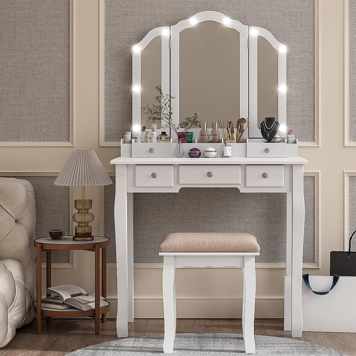 YIXHQ Makeup Vanity with Lights Vanity Desk with Mirror and Lights Makeup Vanity with Drawers Vanity Table with Lights Vanity with Lighted Mirror and Chair
