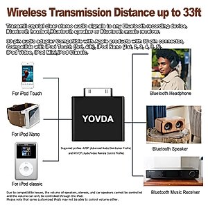 Bluetooth Transmitter for iPod Classic, Plug-and-Play Bluetooth Adapter Connector for iPod Classic 160gb, Bluetooth Adapter Compatible with iPod Classic and iPod Nano (Black)