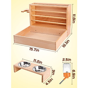 4 in 1 Rabbit Hay Feeder with Litter Box Bowls & Water Feeder, Safe Wooden Bunny Feeder Manger, Hay Holder Rack Toilet for Guinea Pig Hamster Small Animals