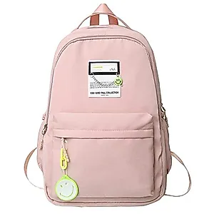 JHTPSLR Preppy Backpack Smiley Face Solid Preppy Aesthetic Backpack with Accessories Teen Girls Back to School Supplies (Pink)
