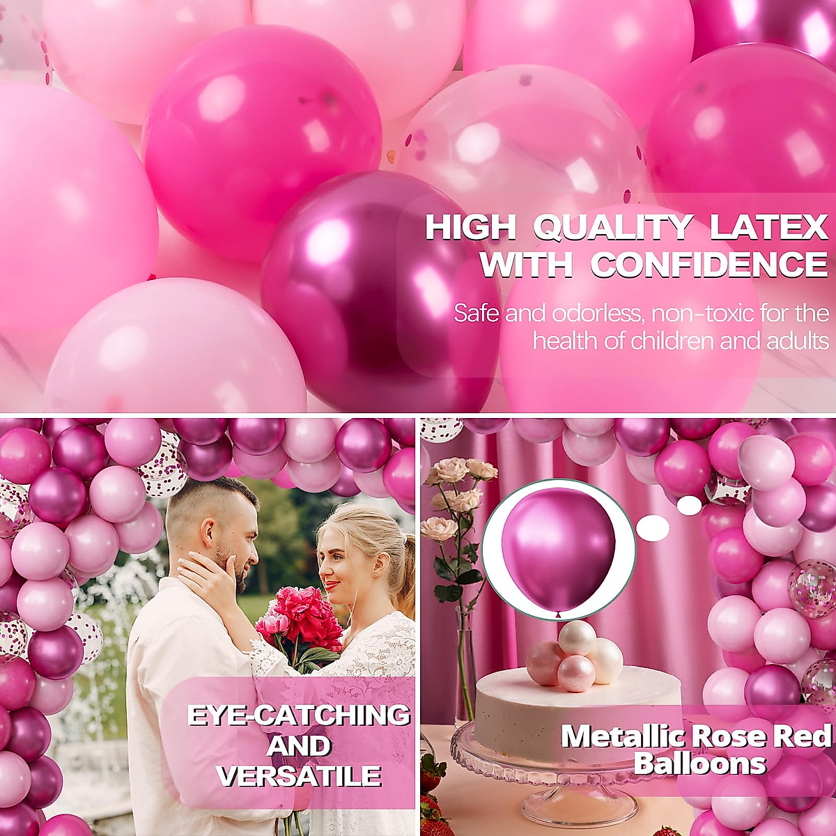 OuMuaMua Pink Balloons Hot Pink Balloons Set, 62Pcs Metallic Pink Balloons Magenta Balloons Baby Light Pink Balloons for Women Girls Baby Shower Birthday Princess Party Decorations, 12 Inch