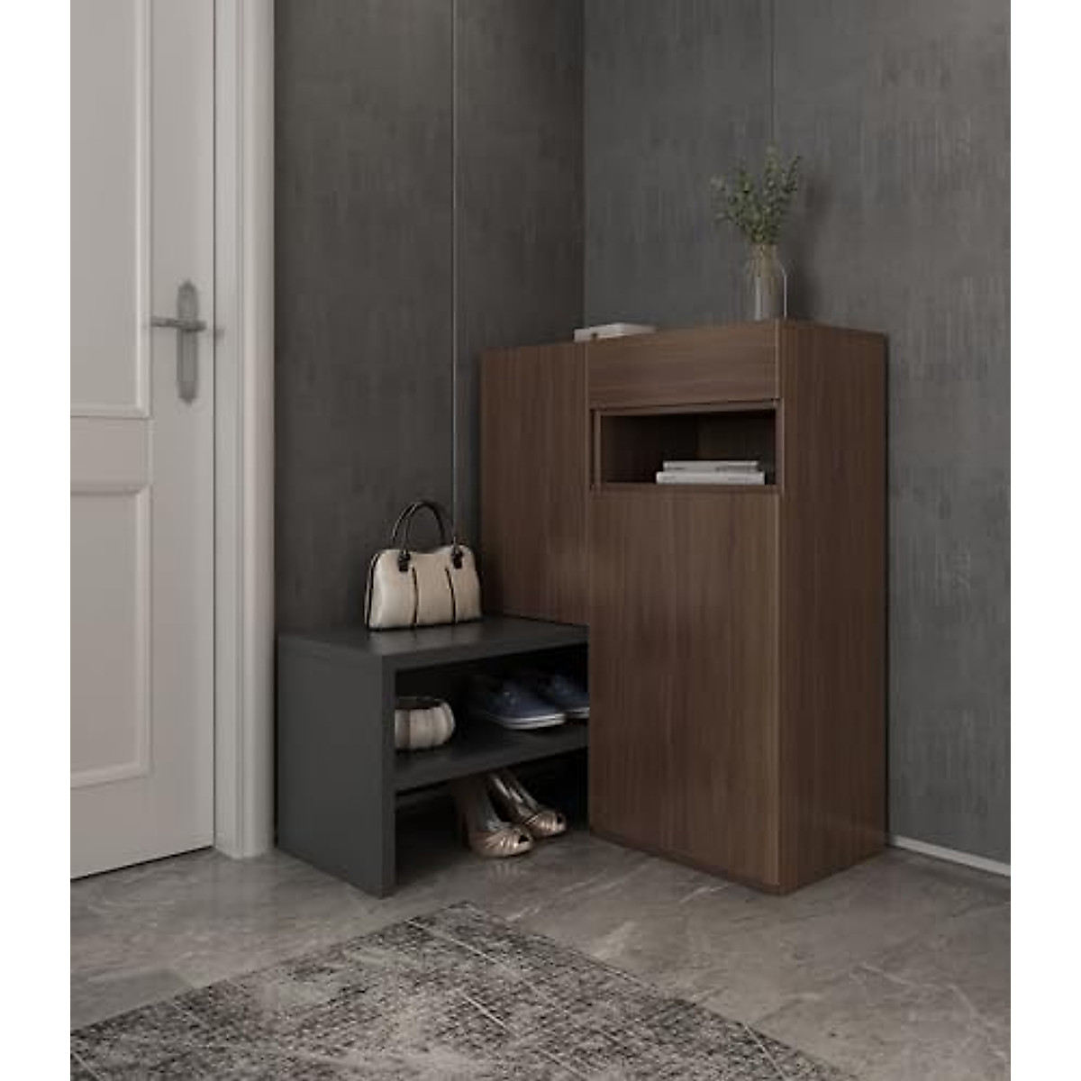 THREE BEDS Corner Shoe Storage Cabinet with 7 Shelves & 1 Drawer Entryway Shoe Storage (Walnut)