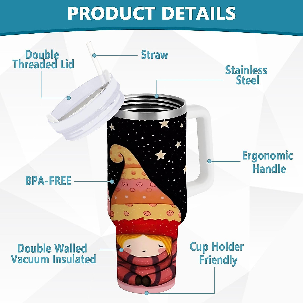 Jihqo Night Sleeping Gnomes 40 oz Stainless Steel Vacuum Insulated Tumbler with Handle and Straw Lid, Leakproof Water Bottle Double Wall Travel Mug Coffee Cup, Cupholder Friendly