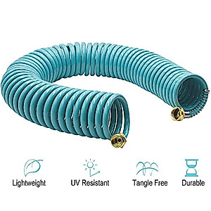 AUTOMAN-Garden-Water-Hose-Recoil,50 Feet EVA Curly Water Hose with Brass Connectors,Watering Hose Coil,Includes 7-Pattern Function Sprayer,Retractable,Corrosion Resistant Garden Coil Hose.