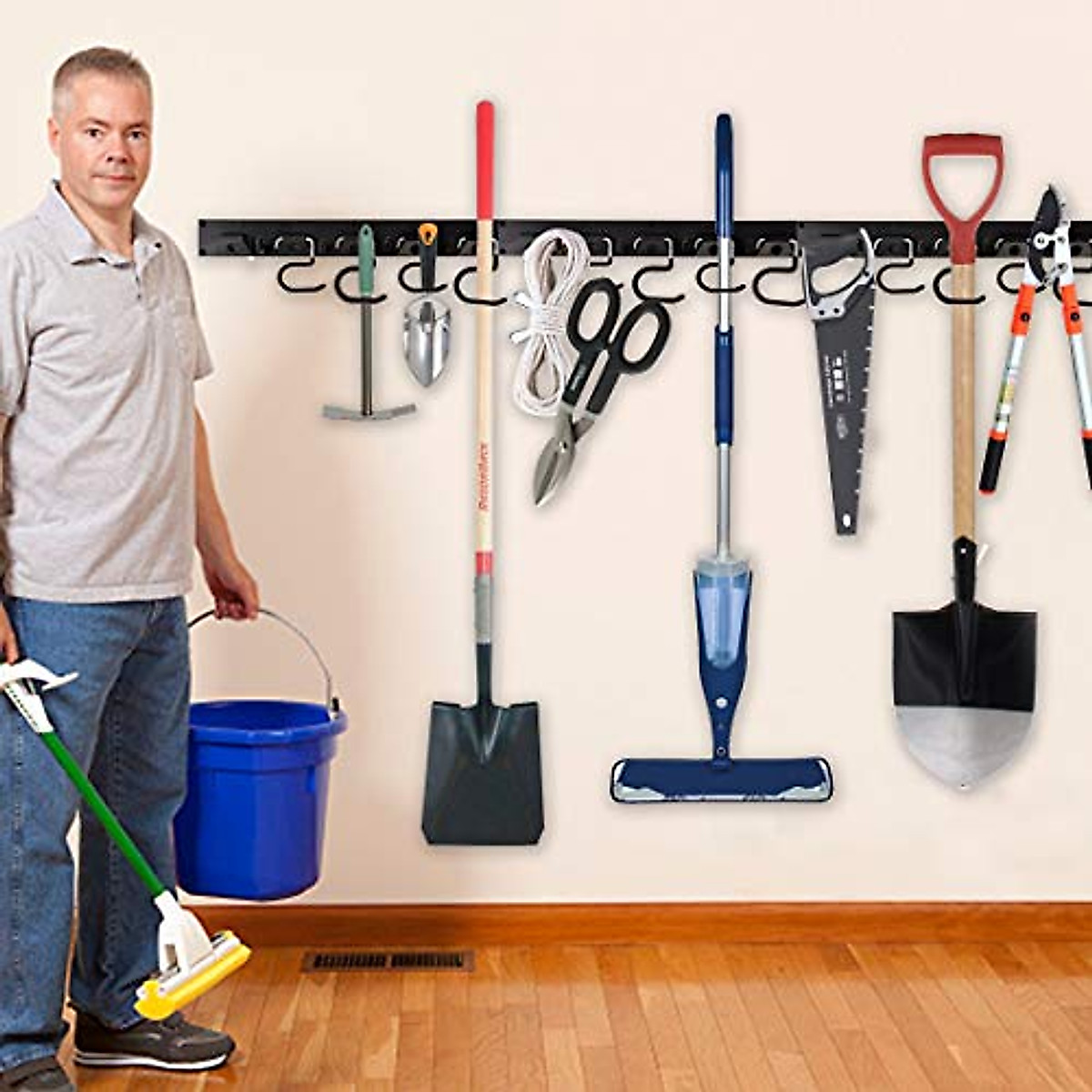 Twinkle Star Upgrade 64 Inch Garage Tool Organizer Wall Mounted, Mop Broom Holder Adjustable Storage System, Wall Holders for Garden Tools, Heavy Duty Tool Hanger with 16 Hooks 4 Rails