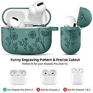 Lerobo Flower Engraved Case for AirPods Pro Case 2nd 1st Generation Case Cover/AirPod Pro Case Cover,Cute Soft Silicone Skin Full Protective Cover for Apple Airpod Case PineGreen