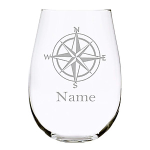 Nautical compass with name 17 oz. stemless wine glass