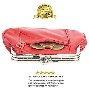 Women's Leather Metal Frame Double Clasp Zipper Coin Purse 5 1/4" x 3 1/4" (Red)